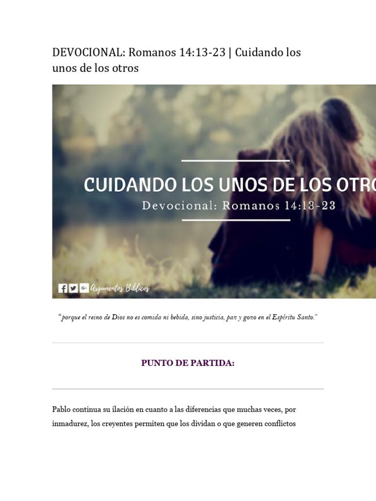 Romanos 14 13-23 Cuidando los unos de los otros | PDF