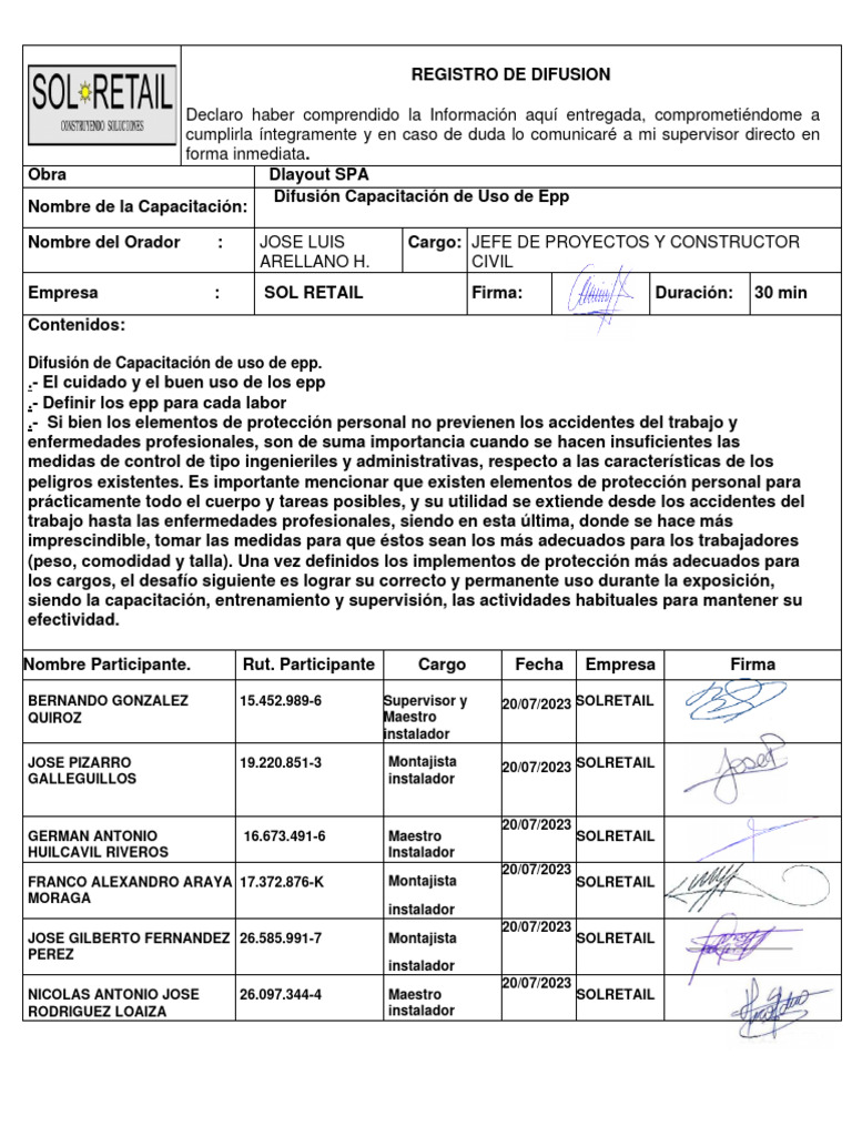 Difusion Capacitacion Uso Epp | PDF