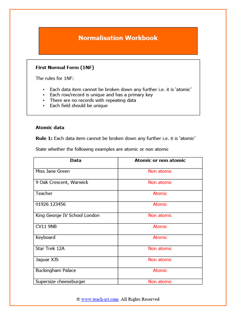 Normalisation Workbook Answers Pdf Data Information Technology Management