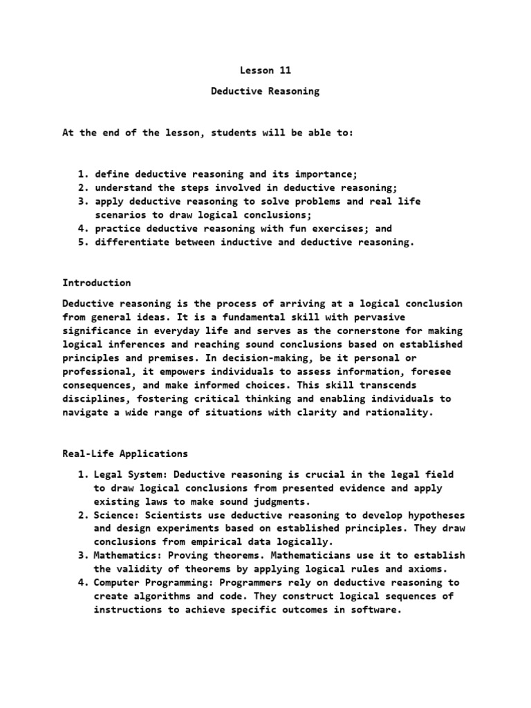 Deductive Reasoning Lesson Plan | PDF | Deductive Reasoning | Logic