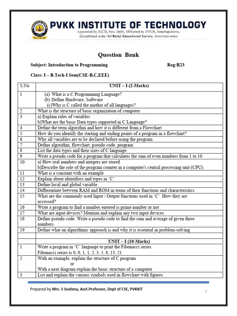 C Programming Question Bank for R23 | PDF | Teaching Methods ...