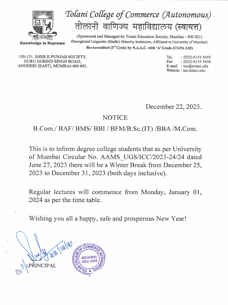 Winter Break Notice December 2023 | PDF