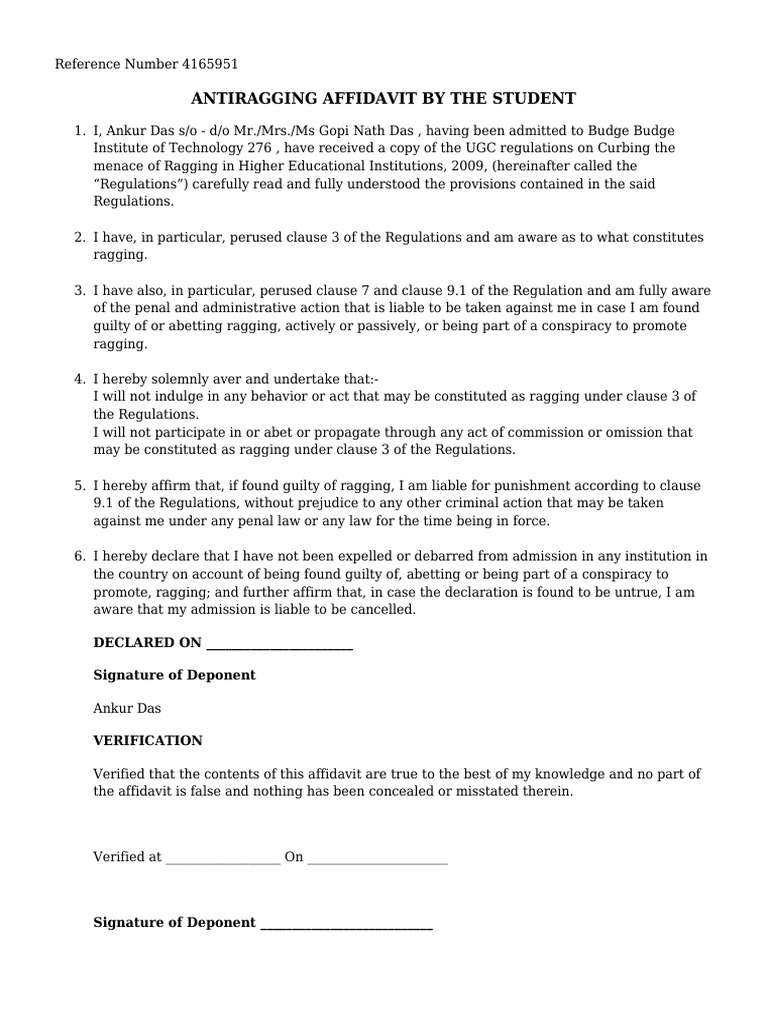 Anti Ragging Form | Download Free PDF | Affidavit | Common Law