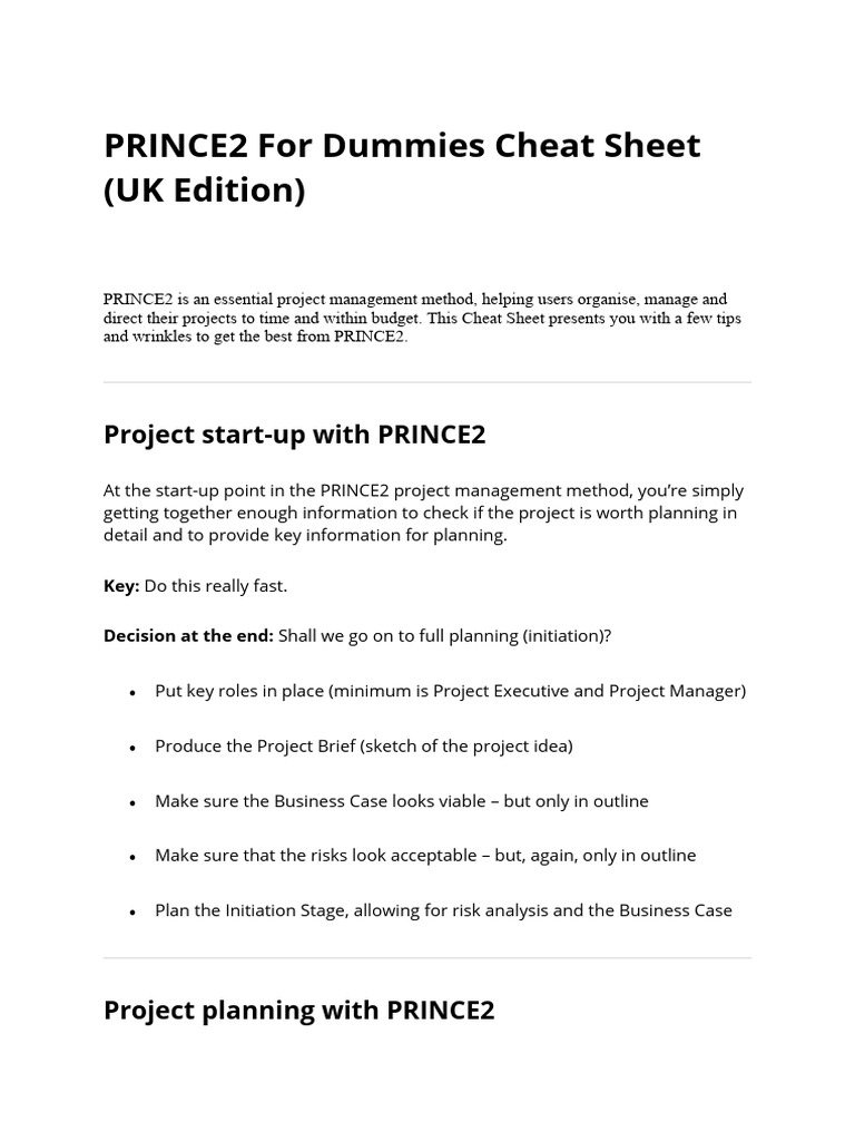 PRINCE2 For Dummies Cheat Sheet | PDF