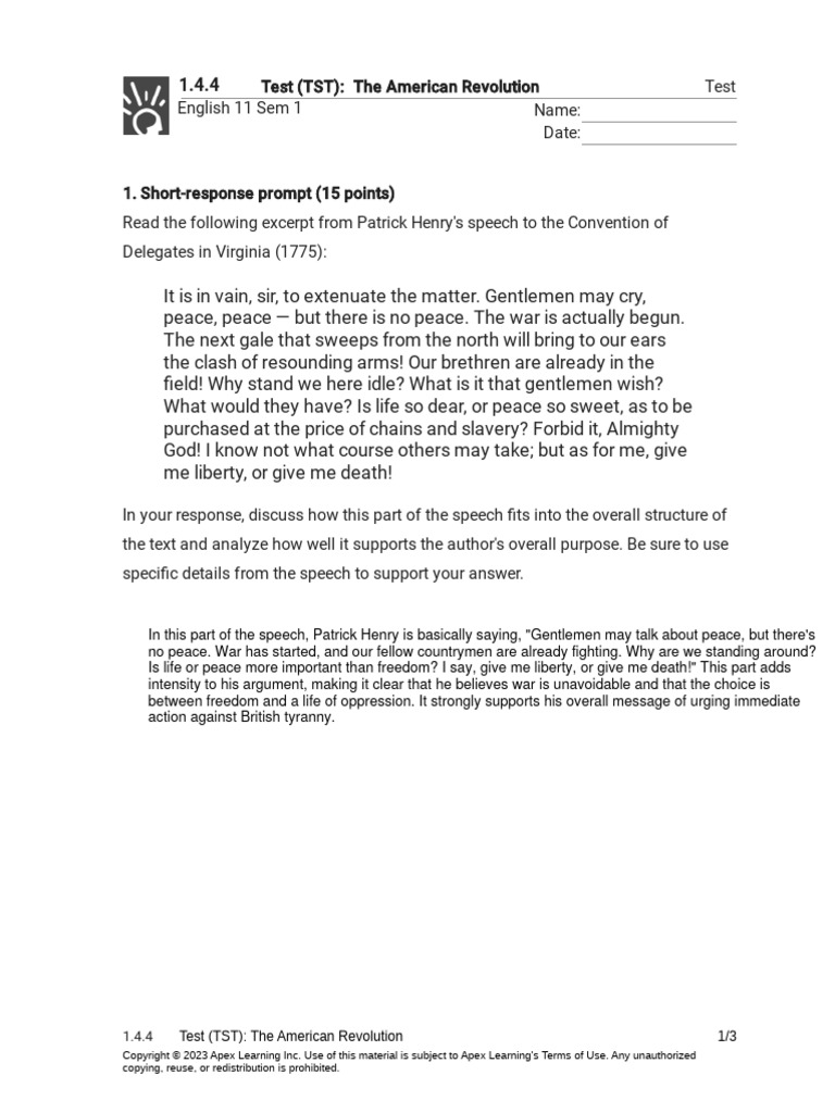 1.4.4 Test (TST) - The American Revolution (Test) | PDF | Politics ...
