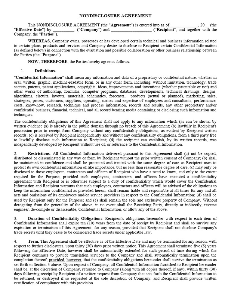 NDA Template | PDF | Non Disclosure Agreement | Trade Secret