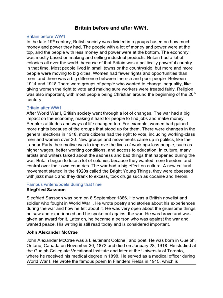 Britain Before and After WW1 Presentation English | PDF