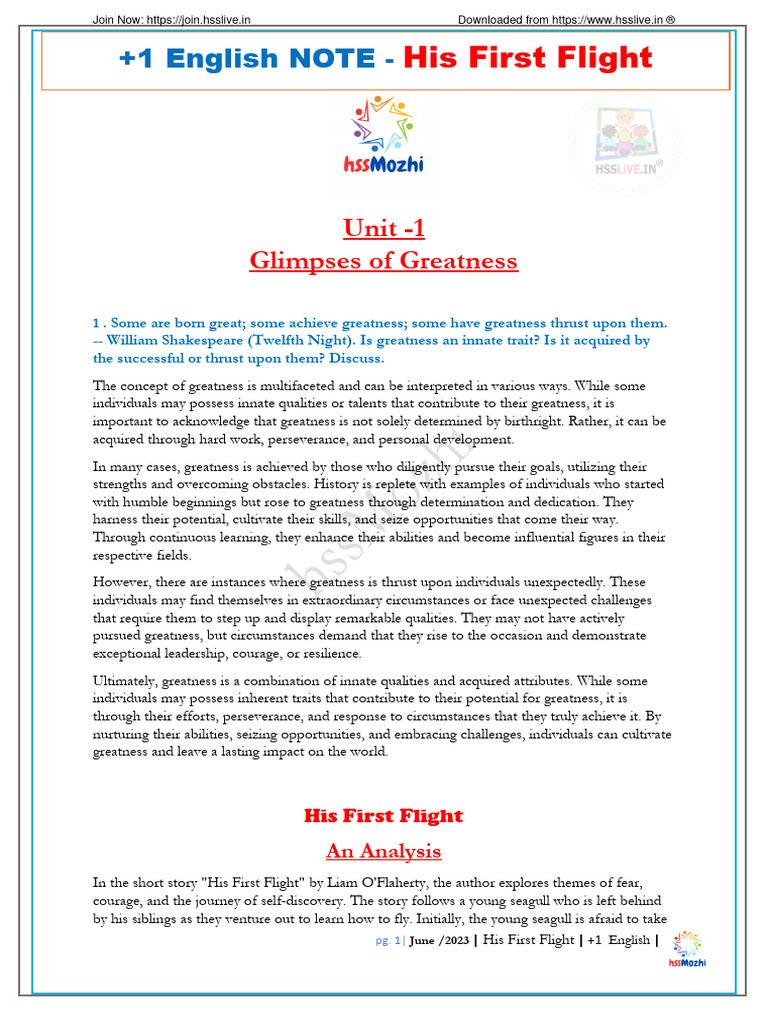 Hsslive - Xi English Unit 1 Lesson 1 His First Flight | PDF | Teachers | Courage