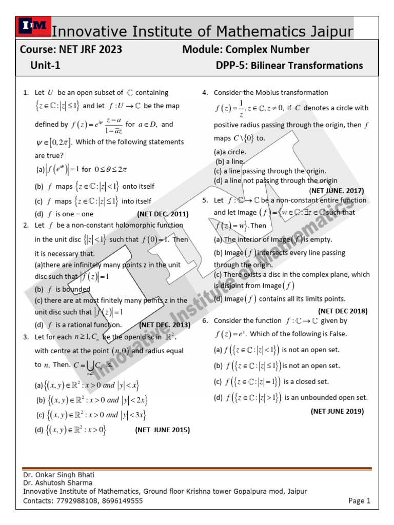 DPP 5 Bilinear Transformations | PDF | Function (Mathematics) | Logarithm
