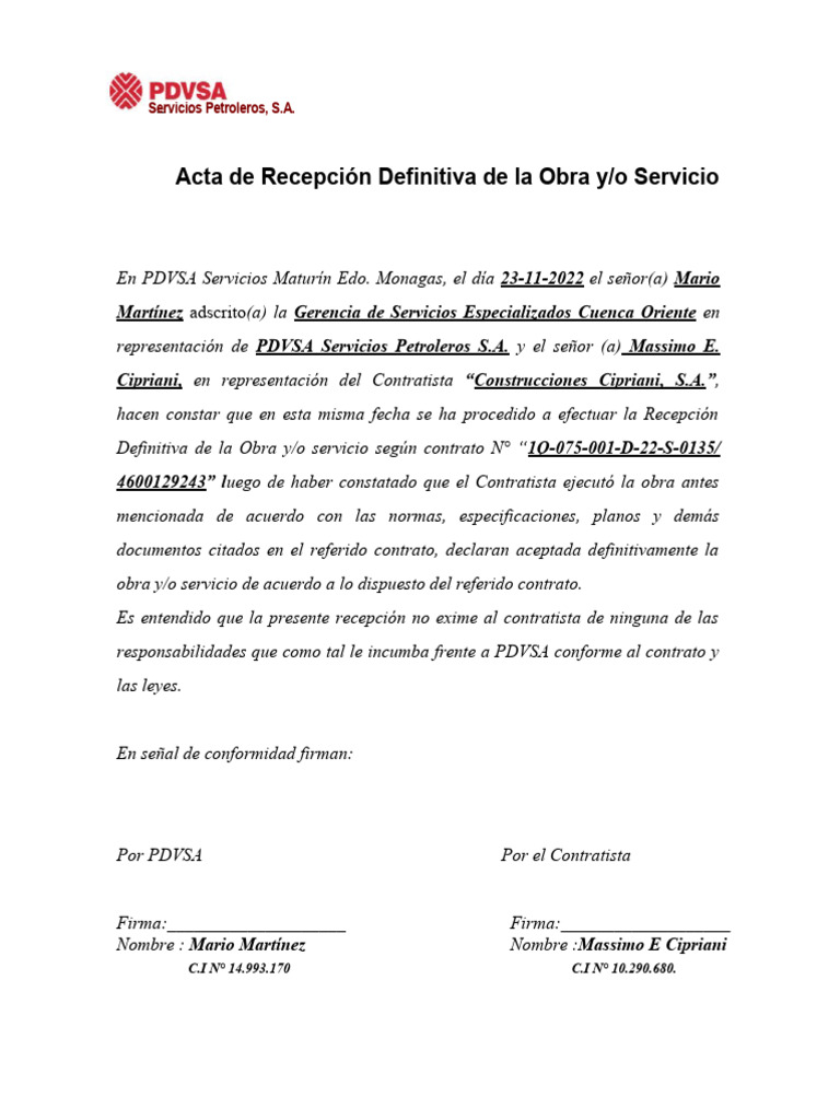 Acta de Recepcion Definitiva CIPRIANI | PDF Acta de Recepcion Definitiva CIPRIANI | PDF
