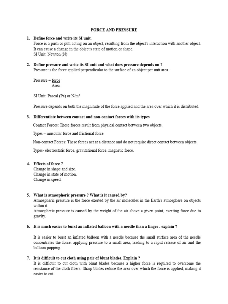 FORCE AND PRESSURE Assignment 8 | PDF | Force | Pressure