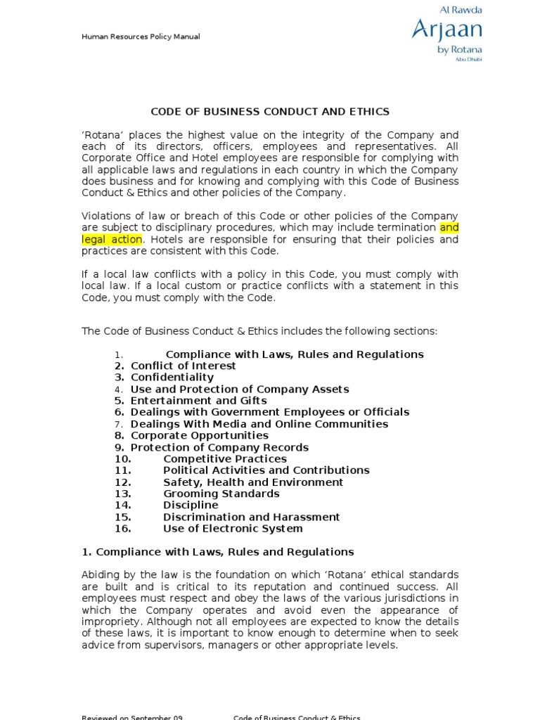 Code of Business Conduct and Ethics - Acknowledgement | Conflict Of ...