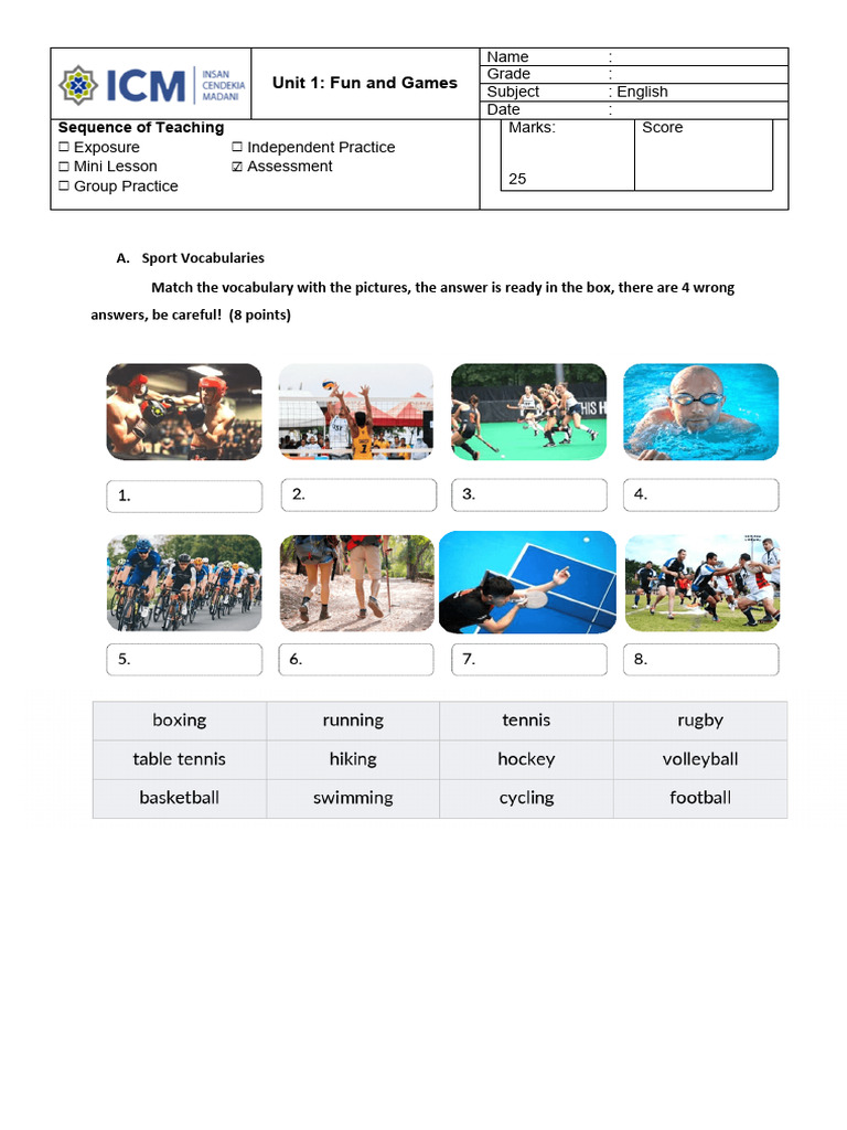 Assesment - English T1 Unit 1 g4 | PDF