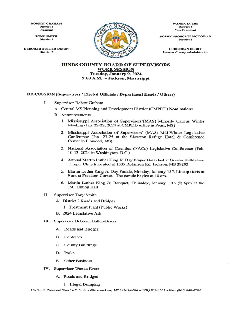 2nd Revised 1-9-2024 Work Session Agenda | PDF