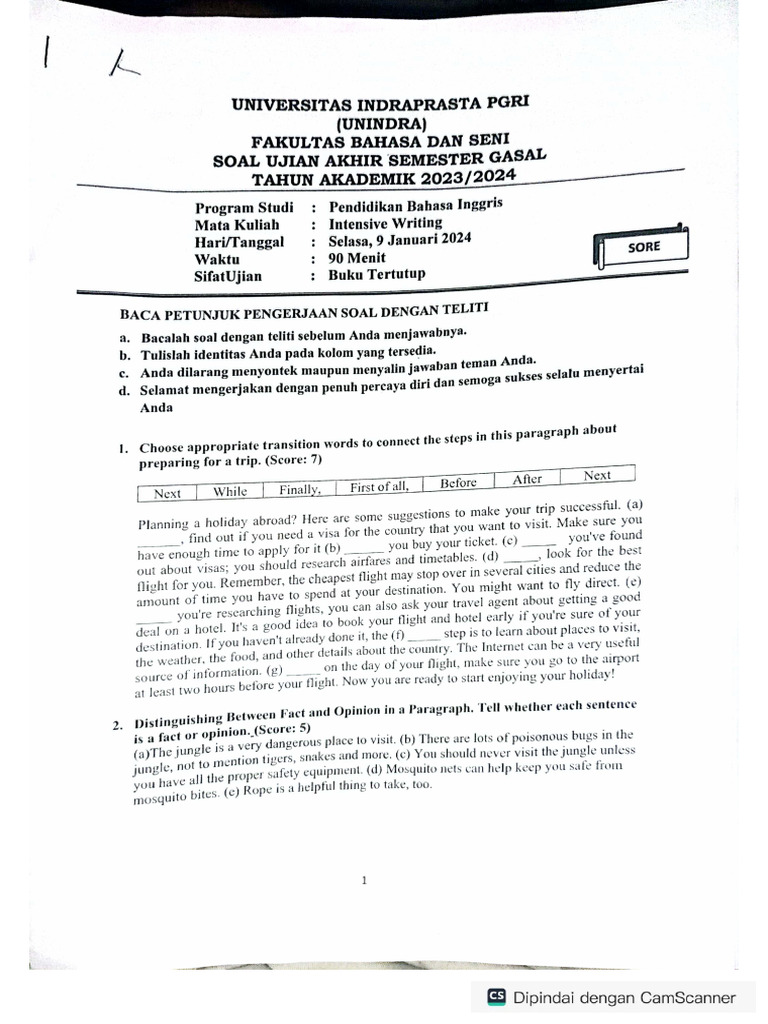 Intensive Writing Soal Ujian 2023-2024 Reg-Sore PDF | PDF