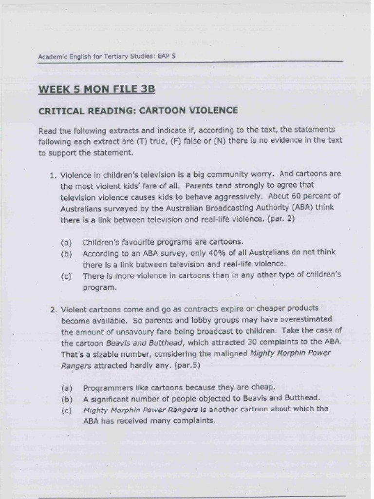 EAP5 Week 5 Mon F3b - Critical Reading Cartoon Violence PDF | PDF