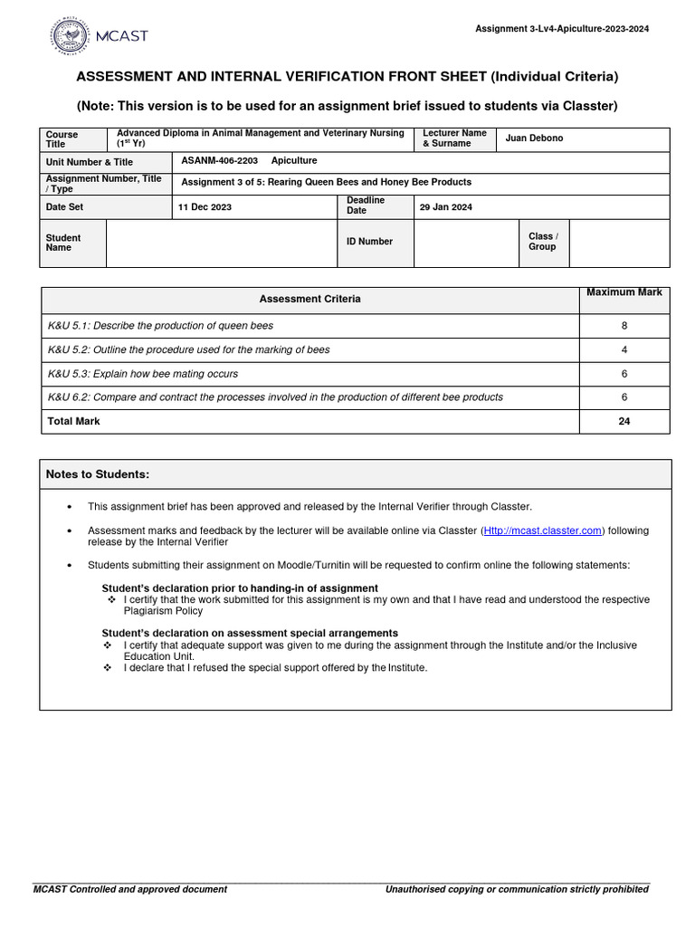 Assignment 3-Lv4-Apiculture-2023-2024 | PDF | Beekeeping | Honey Bee