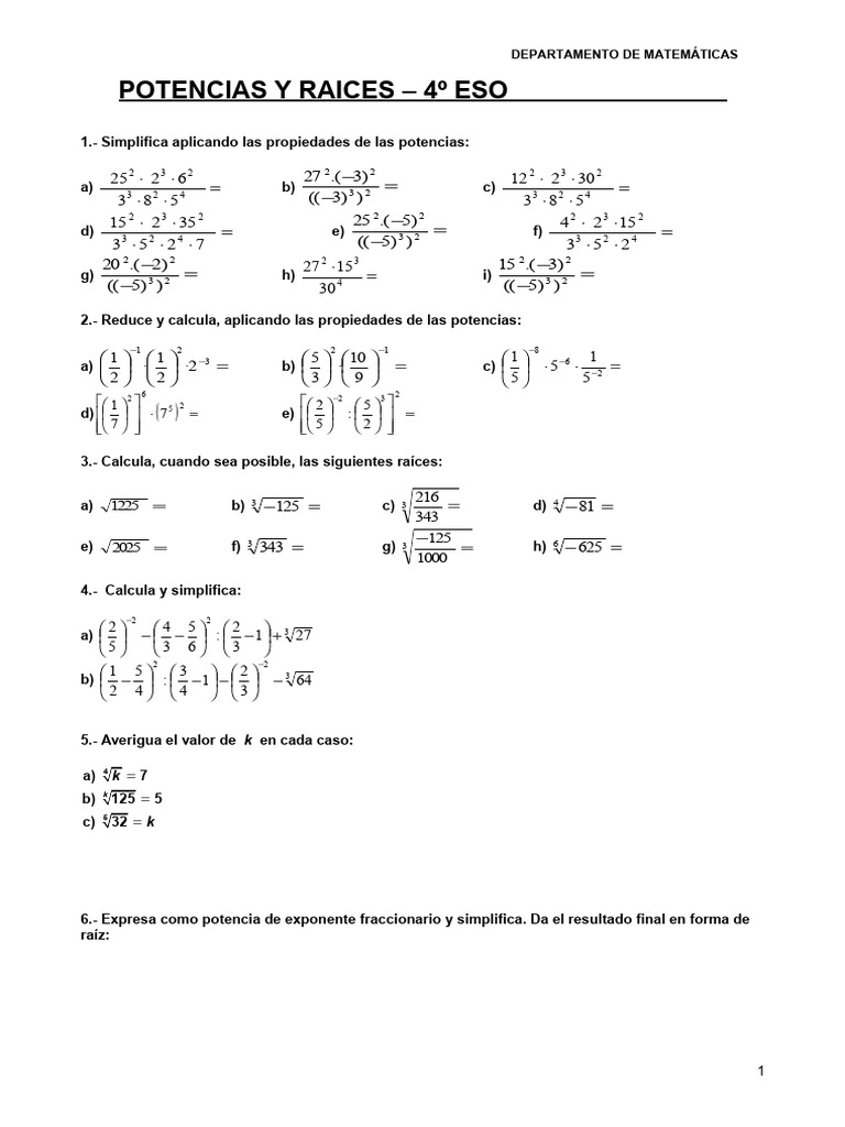 pOTENCIAS Y RADICALES 4 ESO | PDF