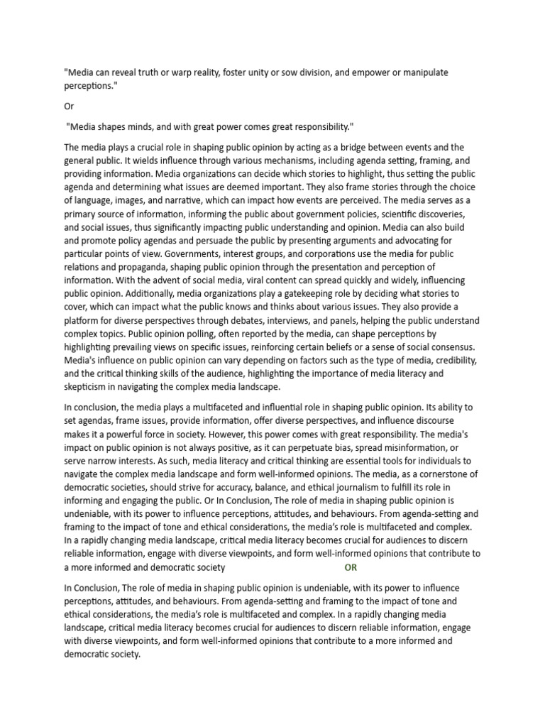 The Role of Media in Shaping Public Opinion PDF | PDF | Public Opinion ...