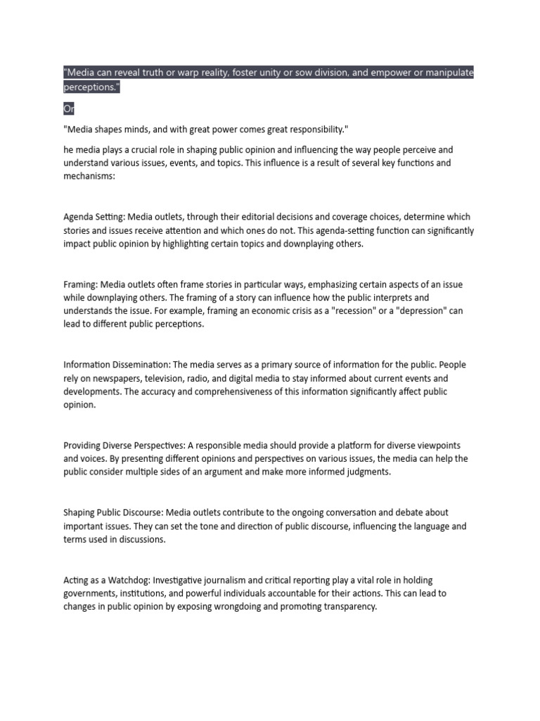 The Role of Media in Shaping Public Opinion PDF | PDF | Public Opinion ...