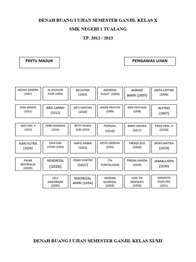 Denah Ruang I Ujian Semester Genap | PDF