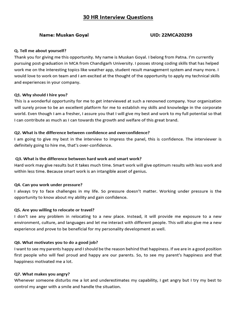 Essential HR Interview Questions for Freshers | PDF | Experience ...