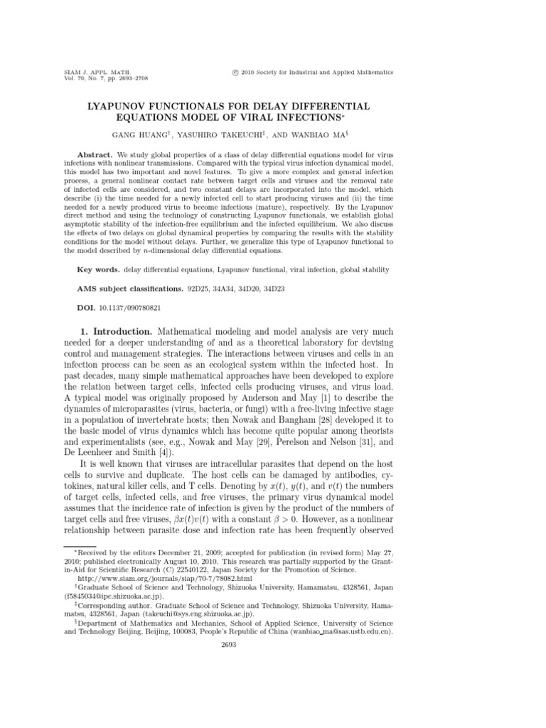 Lyapunov Functionals For Delay Differential | PDF | Virus | Stability Theory