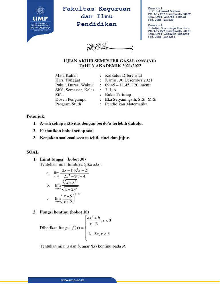 UAS Kalkulus Diferensial-Gasal 2021 | PDF
