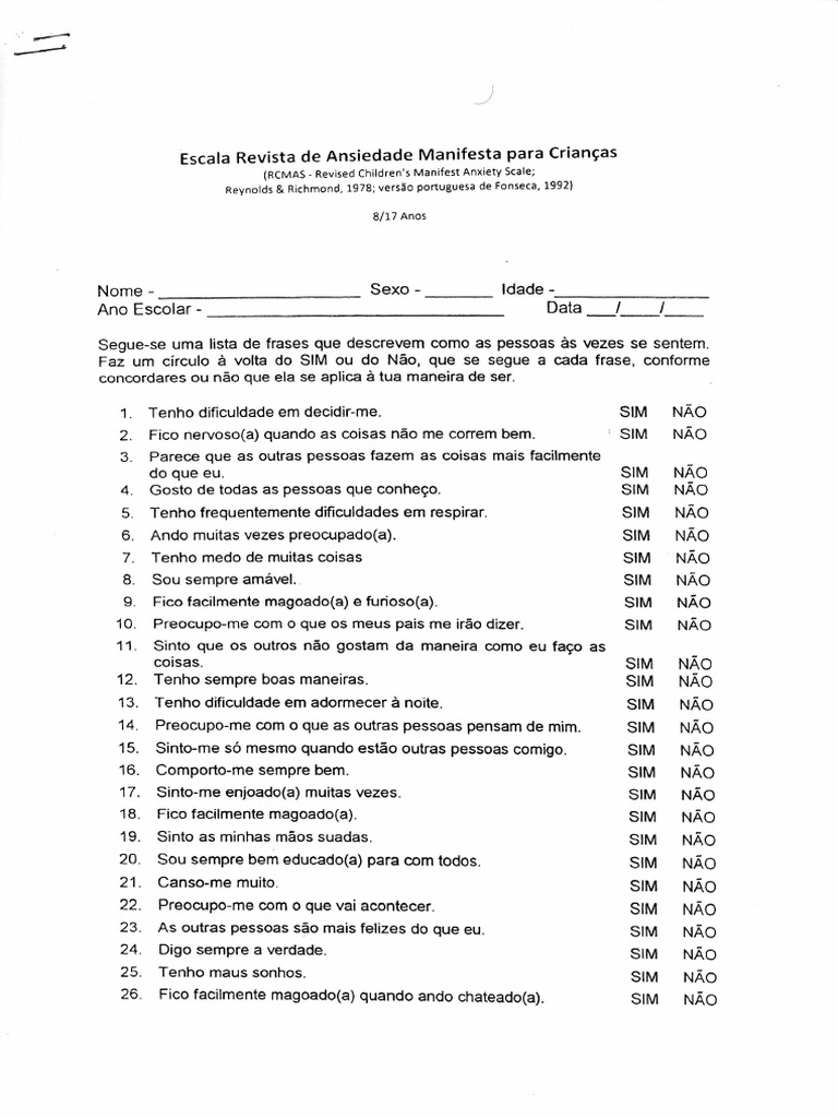 RCMAS - Escala Ansiedade Crianças | PDF