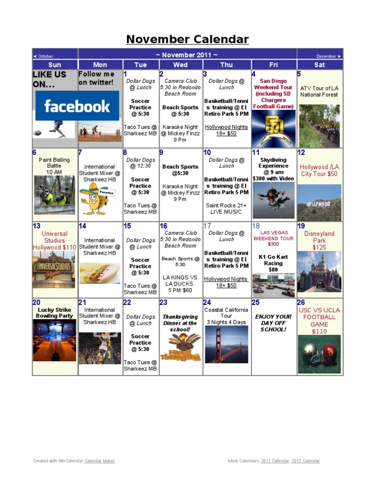 November 2011 Activity Calendar | PDF | Sports & Recreation