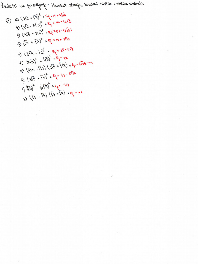 Zadatci Za Ponavljanje - Kvadrat Zbroja, Kvadrat Razlike, Razlika ...
