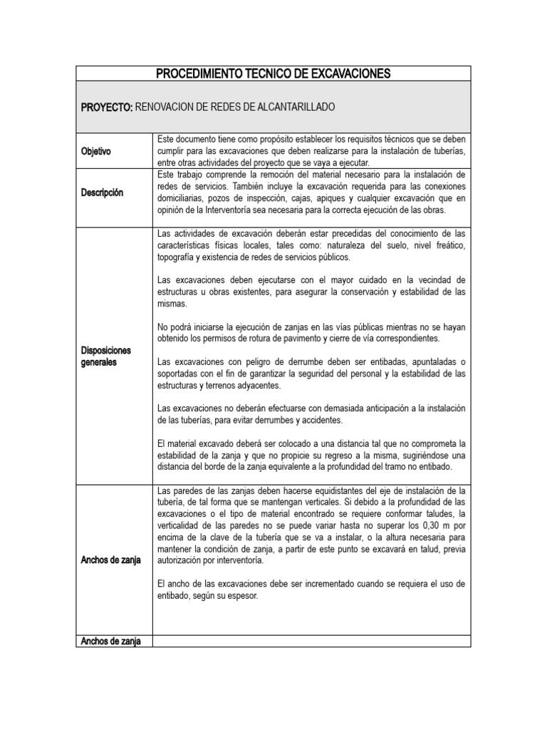 Procedimiento Tecnico de Excavaciones - VC2 | PDF