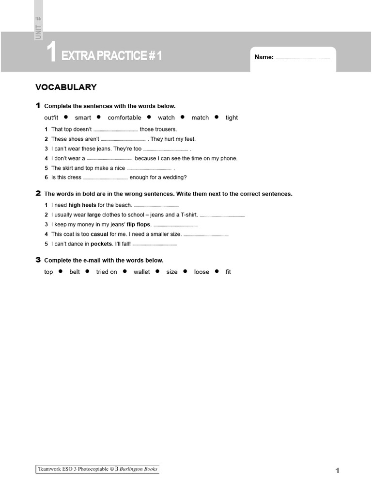 01teamwork3 ExtraPractice Unit1 | PDF | Clothing | Jeans
