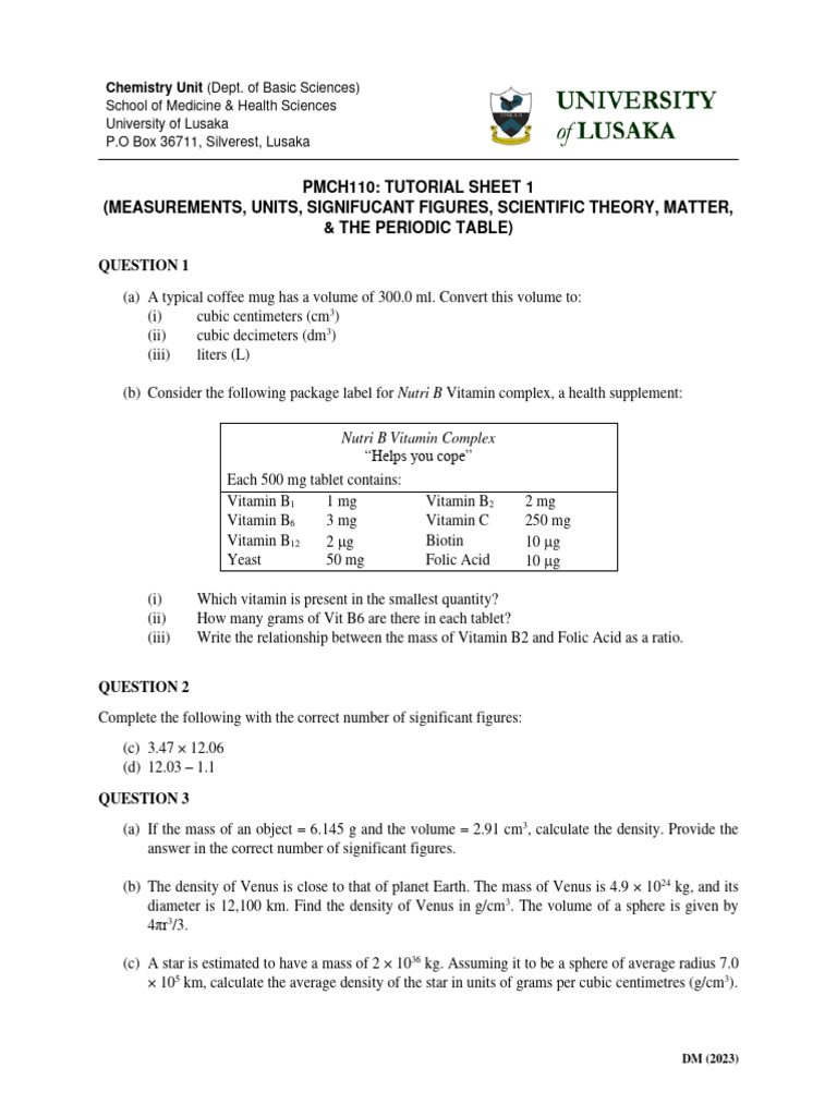 PMCH110 Tutorial Sheet 1 (Measurements, Units Etc) | PDF | Isotope | Chemical Elements