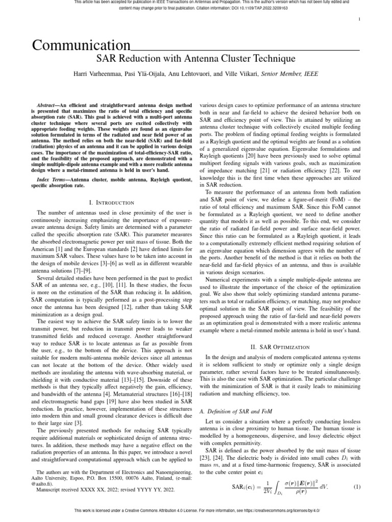Sar Reduction With Antenna Cluster Technique Pdf Antenna Radio Mathematical Optimization