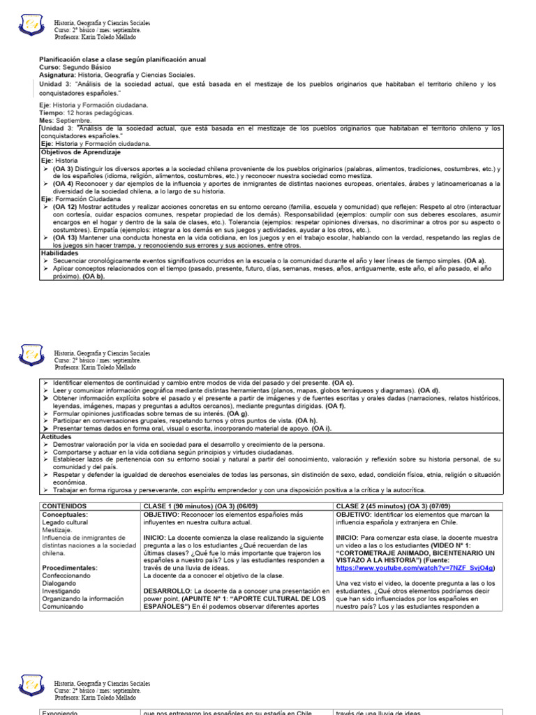 8 Planificacion Clase A Clase Mes de Septiembre Unidad 3 Historia 2do Basico | Descargar gratis ...