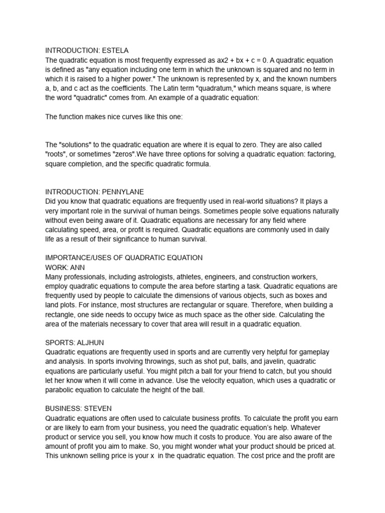 Math Script ,,importance of Quadratic Equations Wo Images | PDF ...