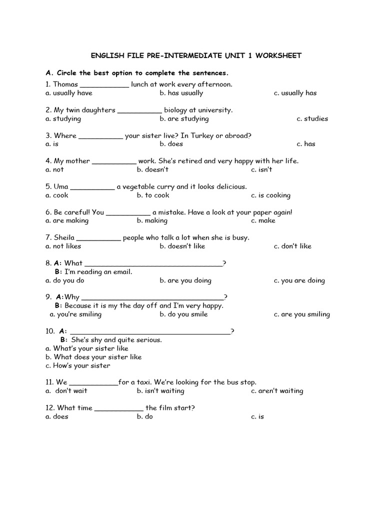 English File Pre-Intermediate Unit 1 Worksheet A. Circle The Best Option To Complete The ...