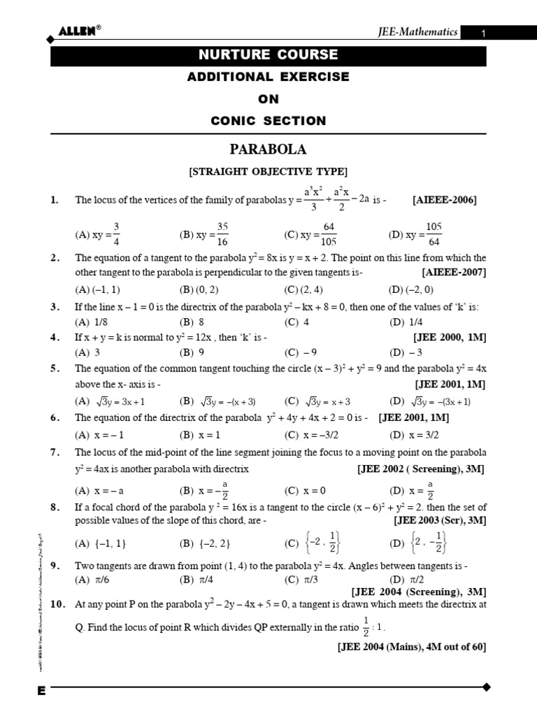 Conic Section - (Additional Excerise) - Student | PDF