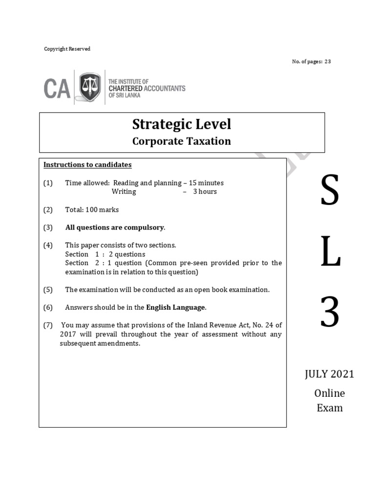 2021 - 7 - 20 - 155 - SL3 - Corporate Taxation-Question Paper - English ...