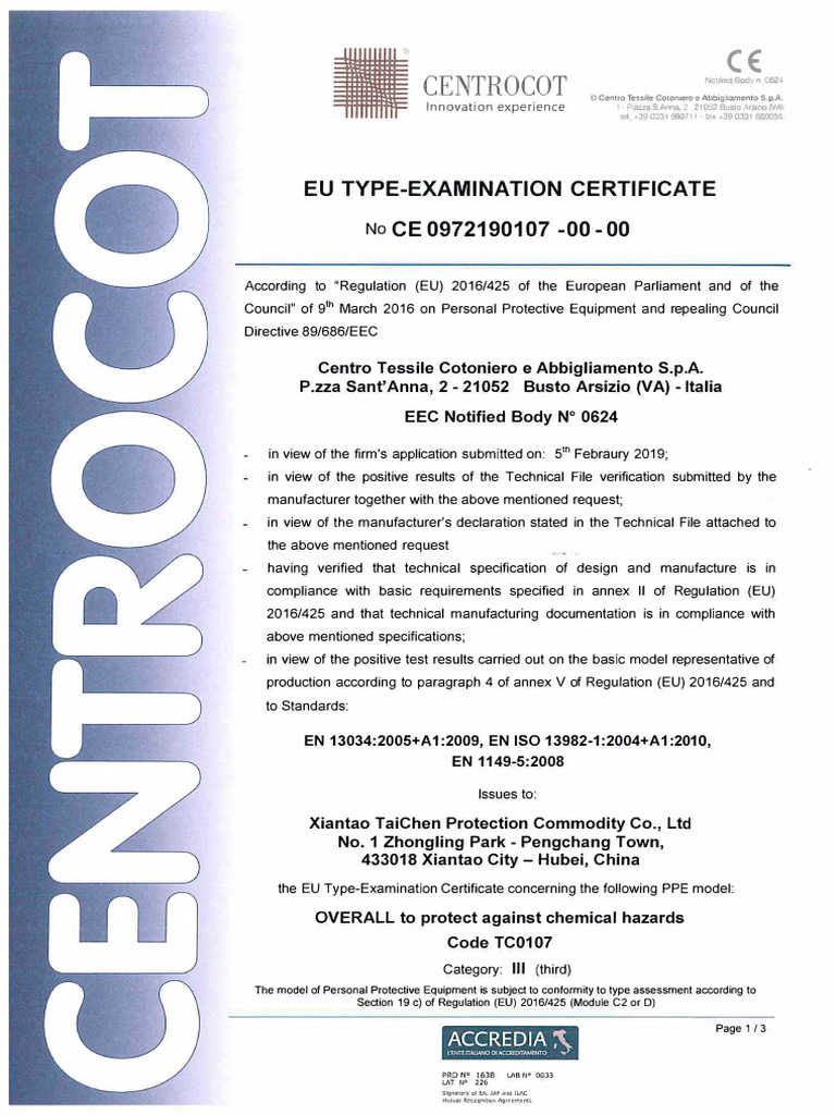 Ce Certificate of SMS Overall Art. TC0107333 | PDF | Seam (Sewing) | Manufactured Goods