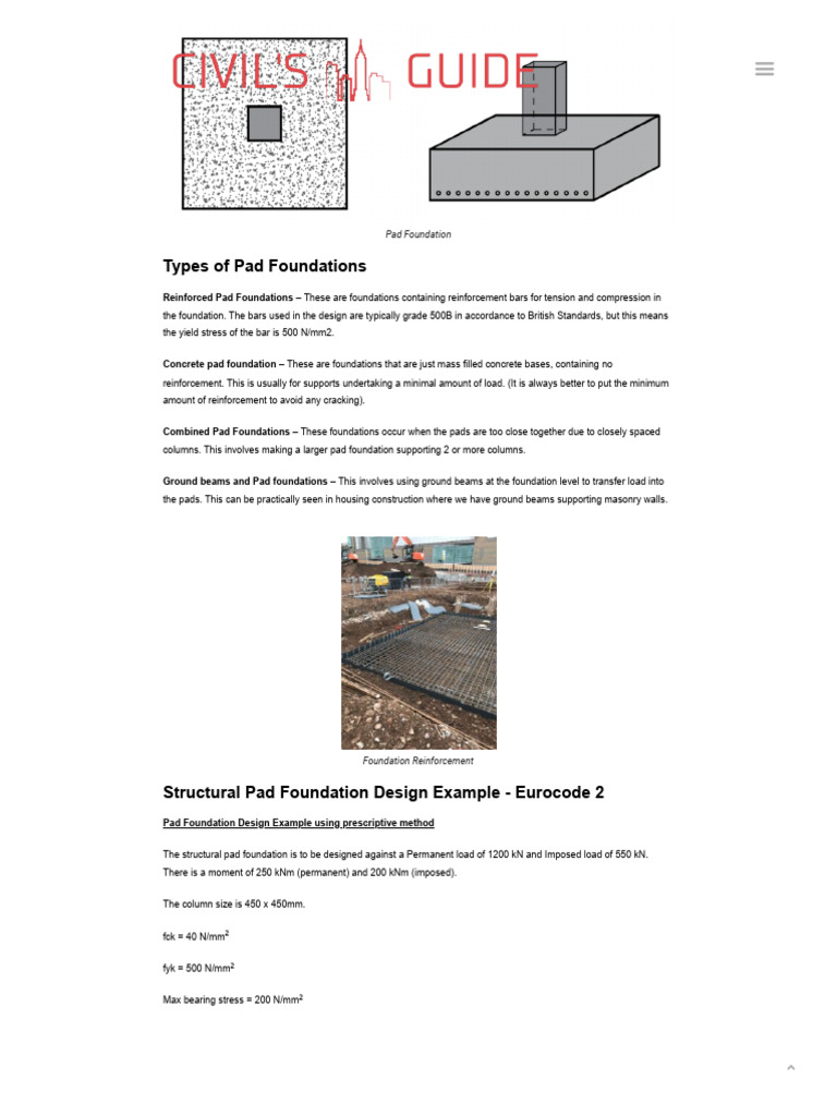 Pad Foundation Design Example Eurocode 2 _ | PDF | Beam (Structure) | Foundation (Engineering)