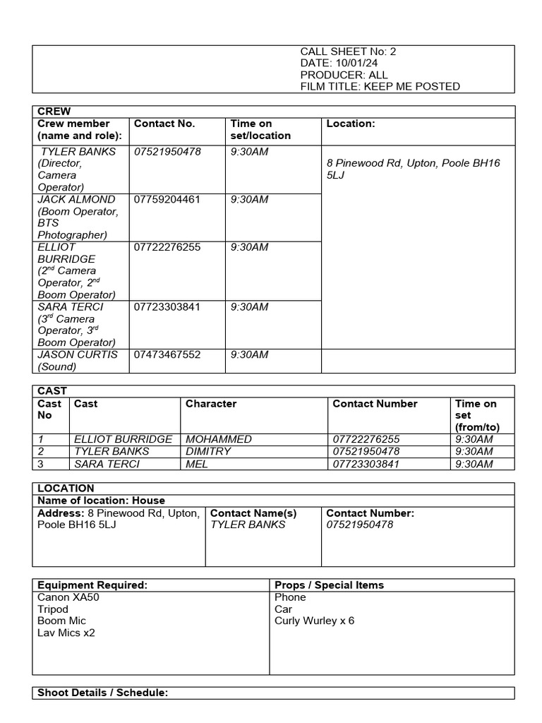 New Call Sheet 2 - 10th Jan | PDF