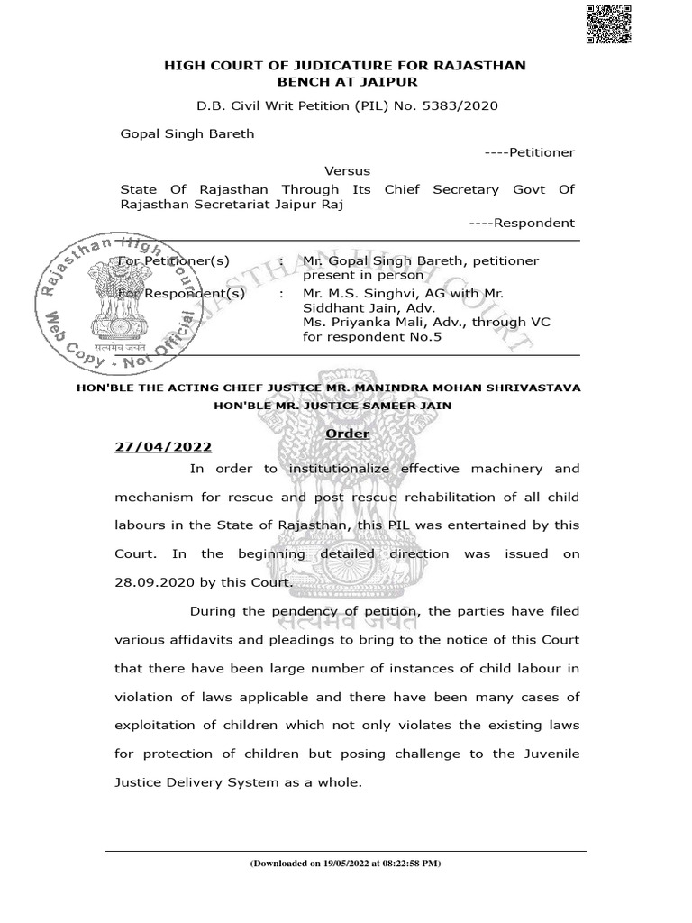 Rajasthan High Court Child Labour PIL | PDF | Child Labour | Common Law