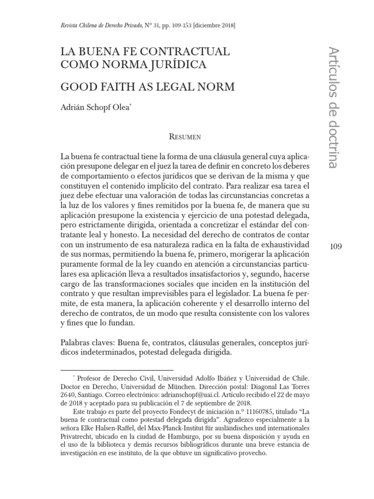 SCHOPF OLEA, Adrián. "La Buena Fe Contractual Como Norma Jurídica ...