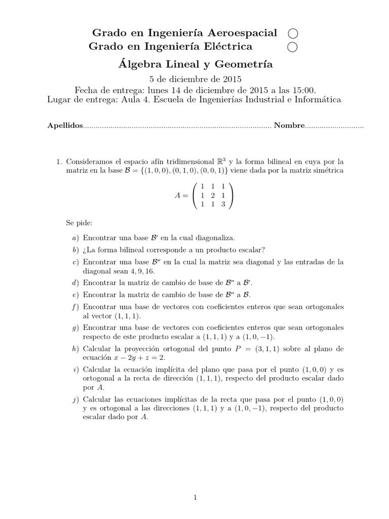 Ejercicios Algebra Lineal | PDF