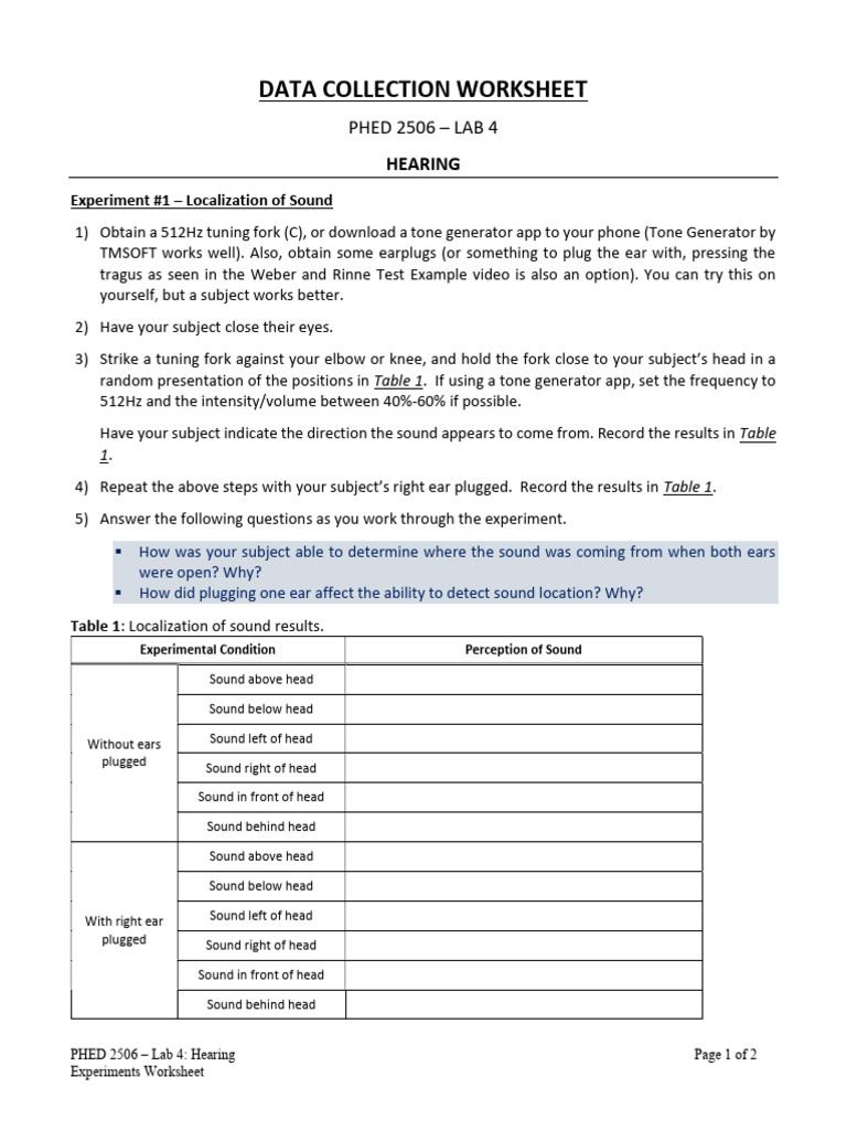 Hearing Lab Experiments Worksheet | PDF | Sound | Ear