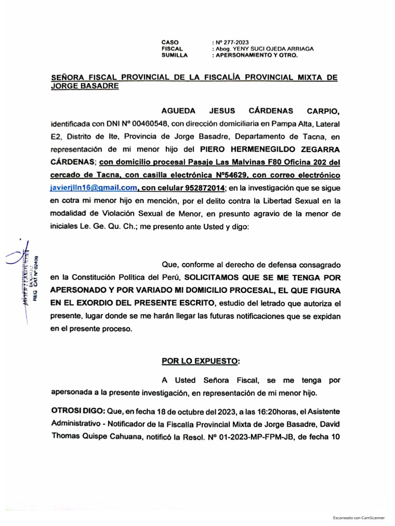 Agueda Cardenas Carpio - Apersonamiento | PDF
