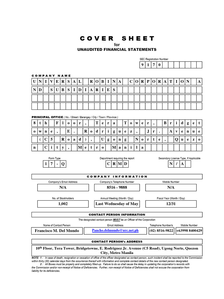 Cover Sheet: Unaudited Financial Statements | PDF | Equity (Finance ...