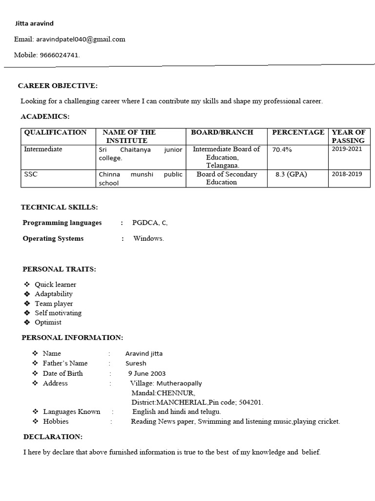Aravind Jitta Resume and Career Objective | PDF